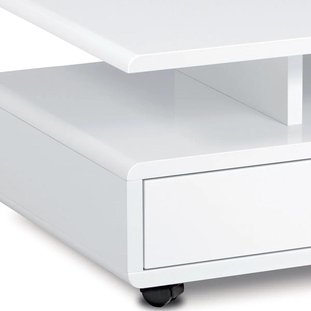 Konferenční stolek, 100x60x41cm, MDF, bílý vysoký lesk, pojezd, 2 zásuvky - AHG-620 WT
