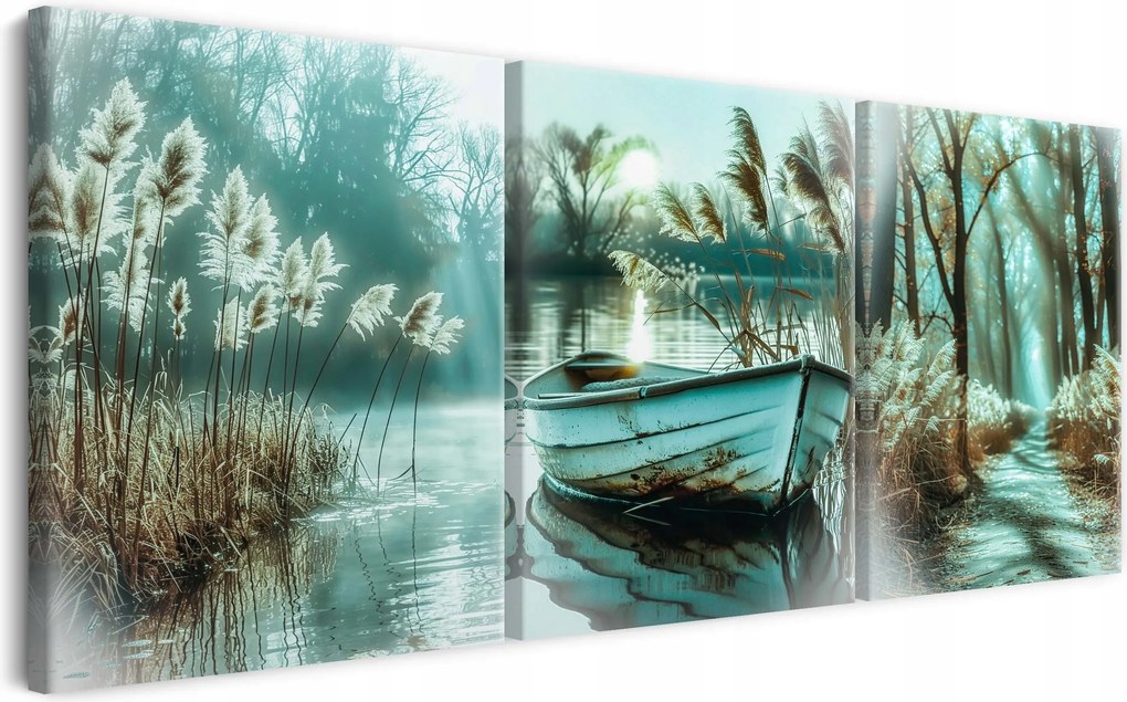 Obrazy Krajina Jezero Triptych boho rustikální do ložnice na zeď 60x120