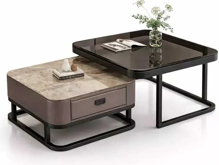 LuxuryForm DESIGN Konferenční stolek ARAGON 70 × 70 / 60 × 60 cm – šedý / šedý mramor + sklo (set 2 ks)