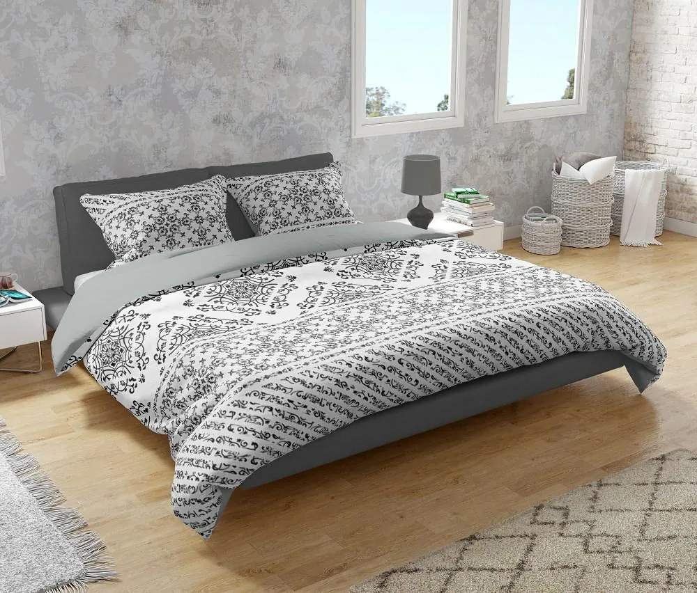 Bavlněné povlečení 160x200 Ornamenty bílá černá šedá Móda 23 Faro