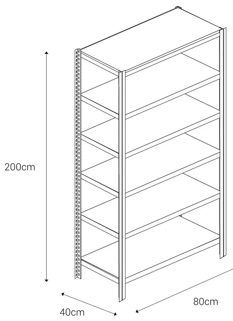 Bezšroubové kovové regál 200x80x40cm T profil, 6 polic