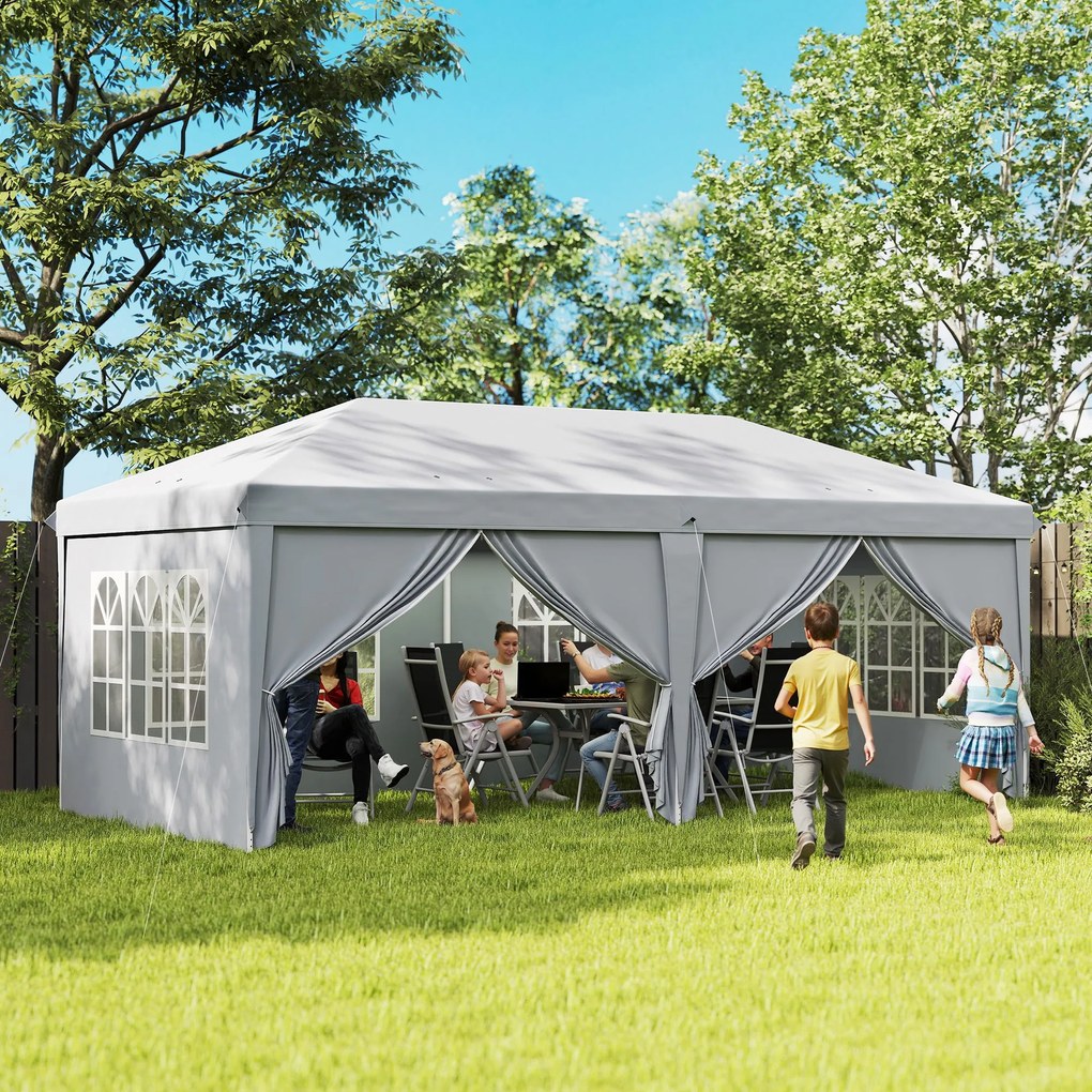 Outsunny Skládací Zahradní Altán 6 x 3 m Venku Pop-up Voděodolný Altán se 4 Odnímatelnými Bočními Stěnami 4 Okny + Nosič Světle Šedá | Aosom