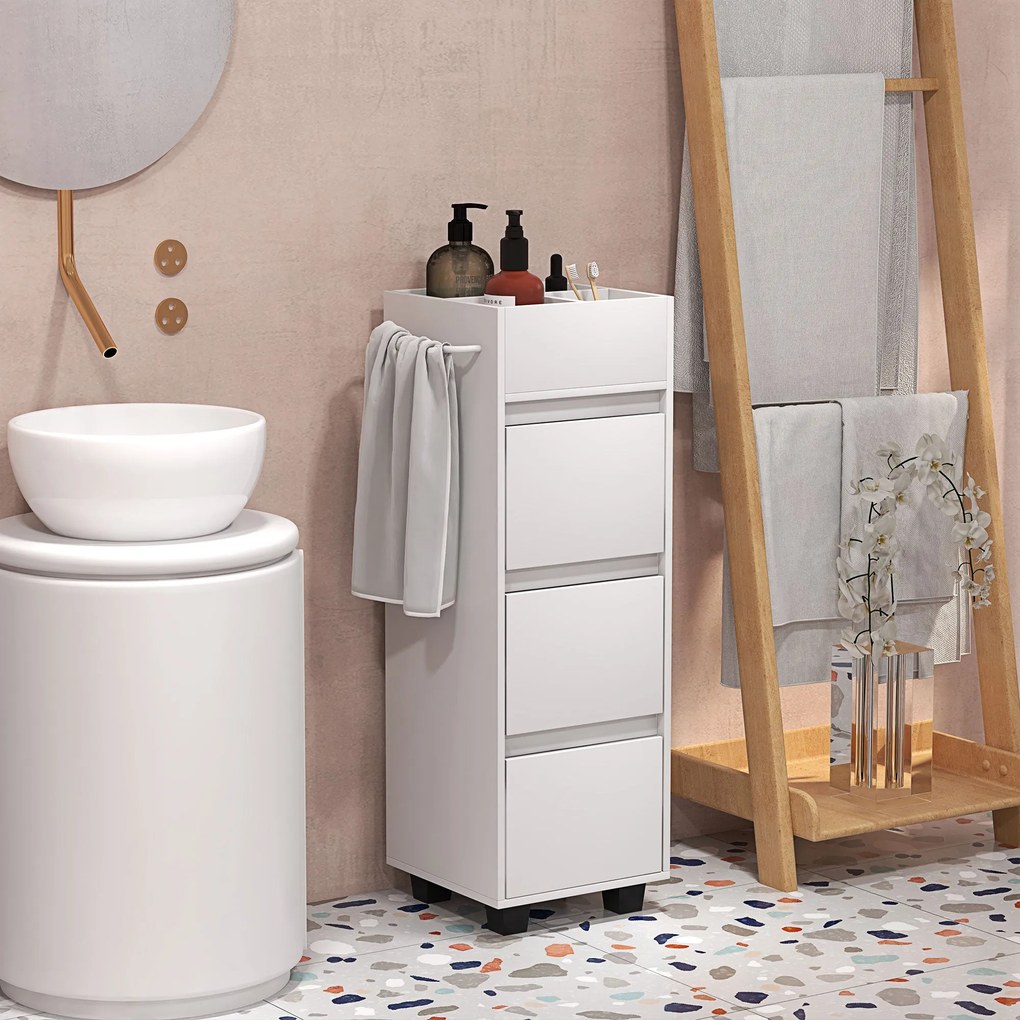 HOMCOM Koupelnová skříňka se skladovacím prostorem a 4 přihrádkami nahoře, 3 šuplíky a držákem na ručníky pro úzké prostory, 35 x 30 x 90cm, Bílá