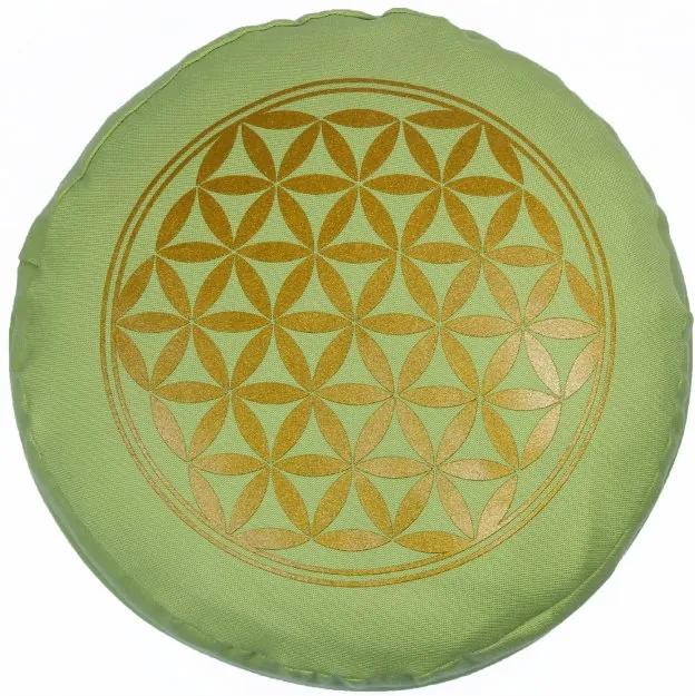 S radostí - vlastní výroba Meditační polštář se zlatým Květem života - zelená pistáciová Velikost: ∅30 x v18 cm