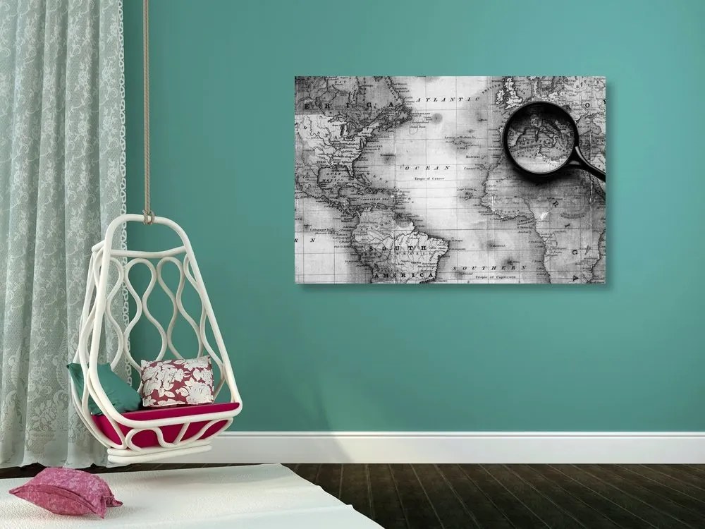 Obraz černobílá mapa světa s lupou - 60x40 cm