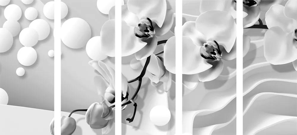 5-dílný obraz černobílá orchidej na abstraktním pozadí Varianta: 200x100