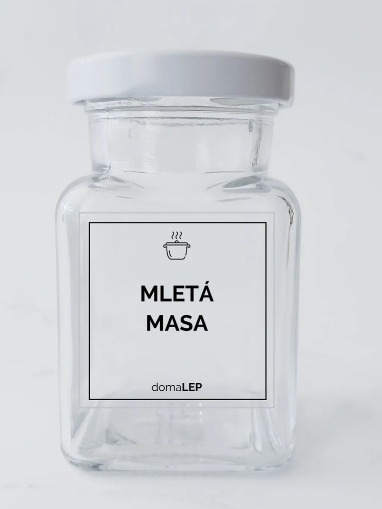 Samolepka na kořenky MLETÁ MASA průhledná 5 × 5 cm tučné písmo