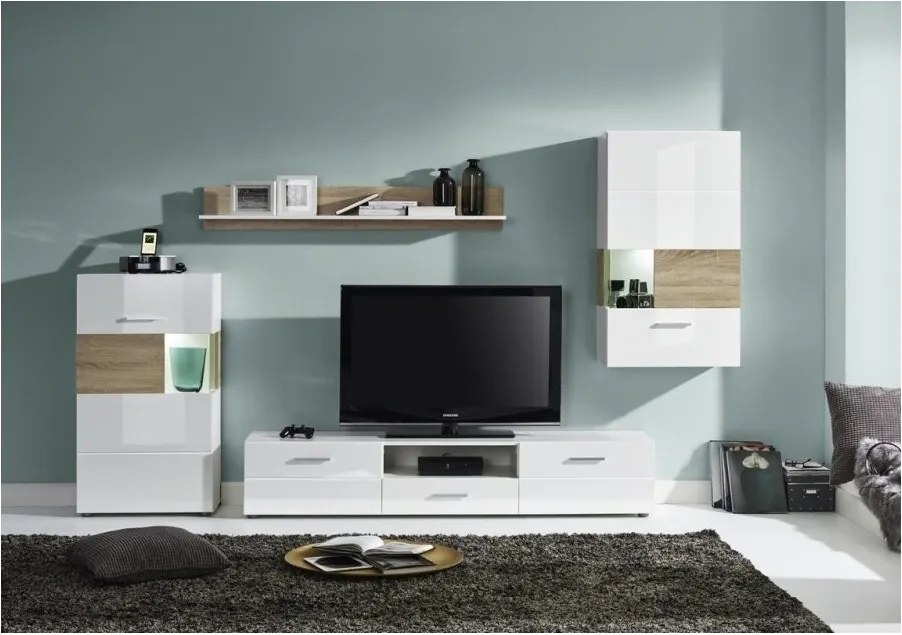 Moderní obývací stěna CS-8002, bílá mat-dub sonoma,240x175 KN nábytek