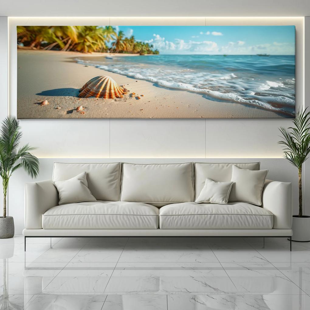 Obraz na plátně - Zapomenutá mušle na pláži FeelHappy.cz Velikost obrazu: 240 x 80 cm