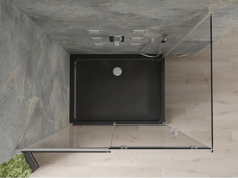 Mexen Omega, sprchový kout s posuvnými dveřmi 100 (dveře) x 80 (stěna) cm, 8mm čiré sklo, chromový profil + slim sprchová vanička černá + chromový sifon, 825-100-080-01-00-4070