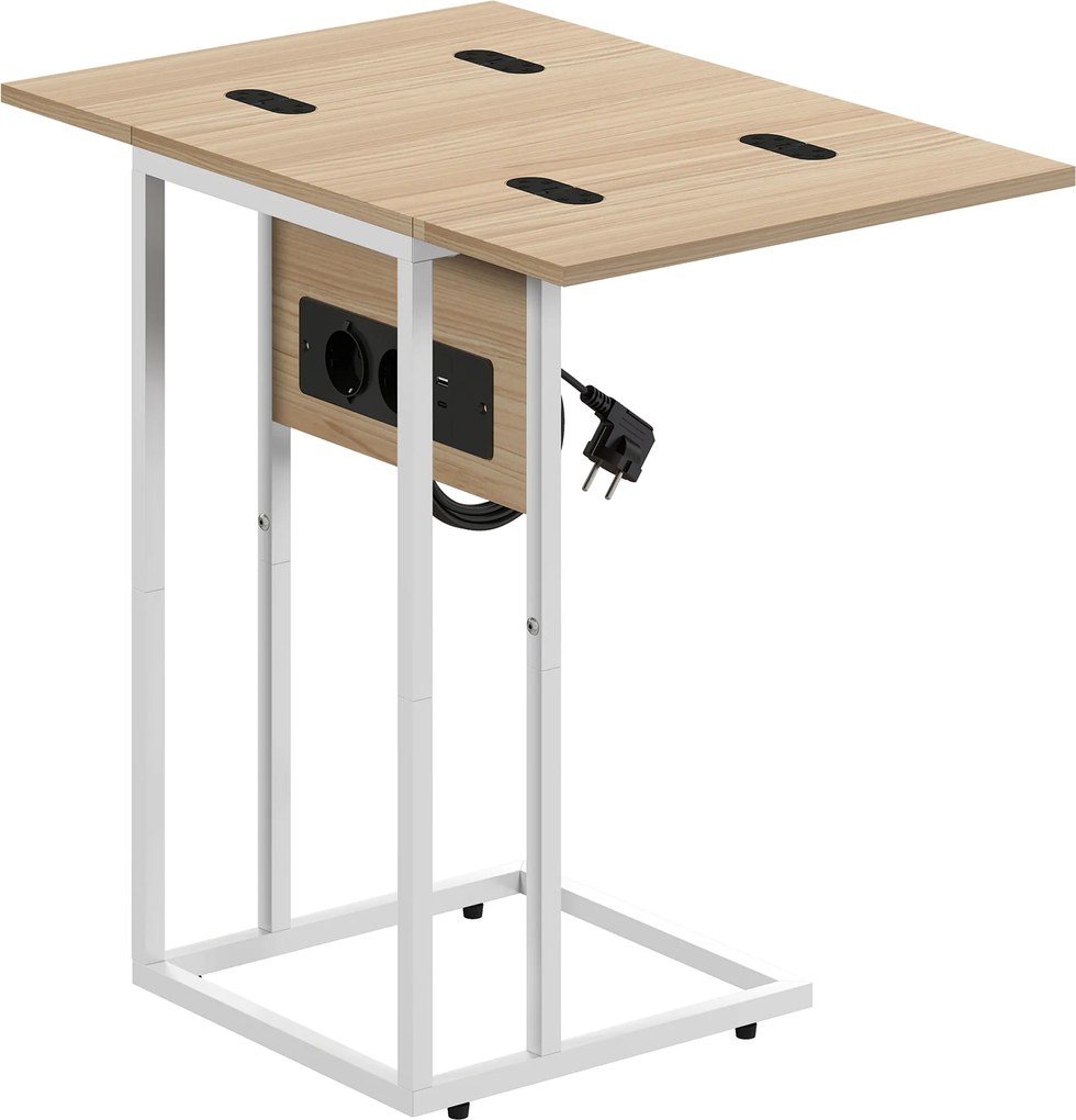HOMCOM Skládací příruční stolek, nabíjecí stanice s USB porty, kov, 39 x 29 x 57 cm, barva dřeva