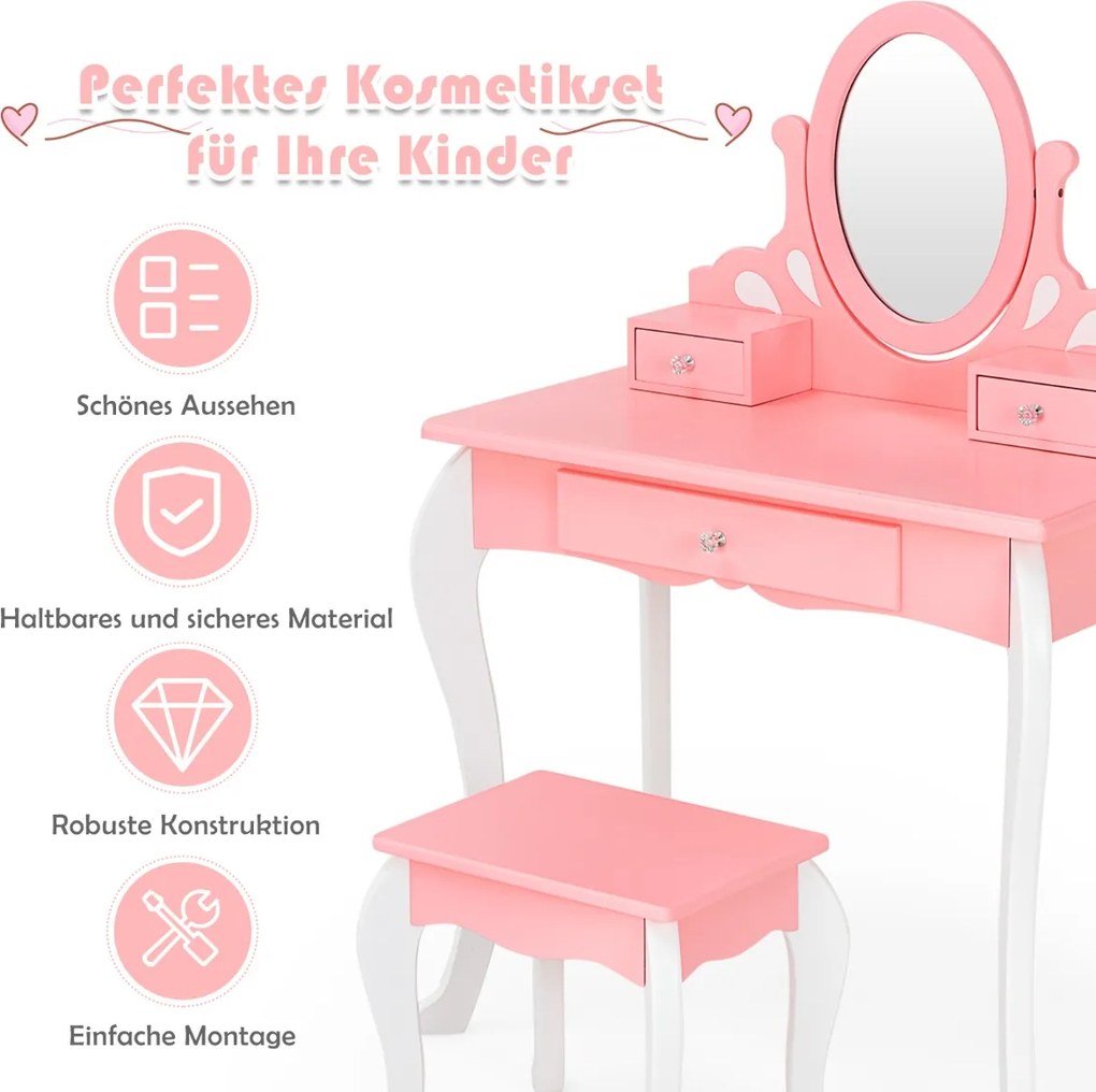 Costway Dětský toaletní stolek se stoličkou Princess se 3 zásuvkami a zrcadlově