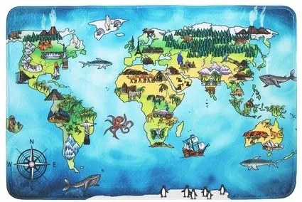 BO-MA, Protiskluzový kusový koberec World map, 76,5x117, modrá, vícebarevná, dětský pokoj