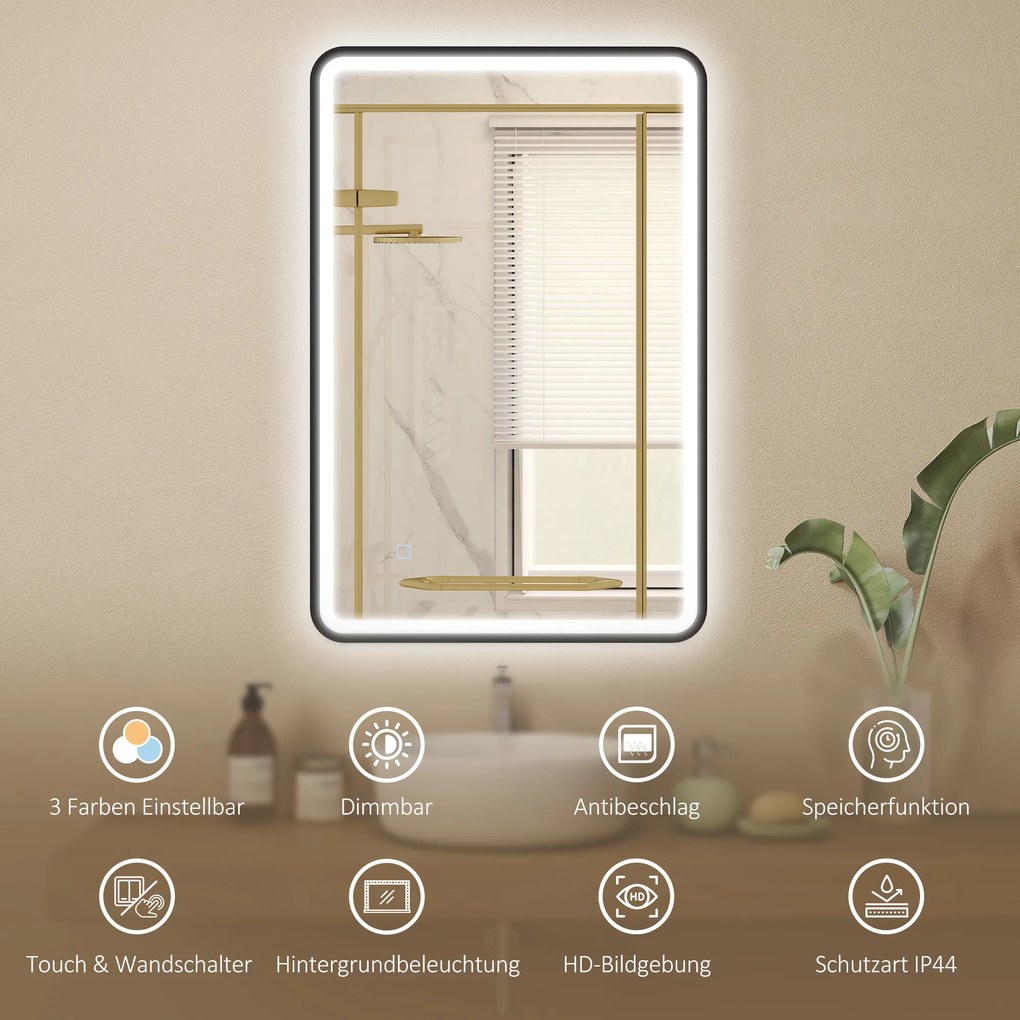 HOMCOM 90 x 60 cm LED koupelnové zrcadlo, světla, 3 barvy, stmívatelné, paměťová funkce, horizontálně a vertikálně, černé