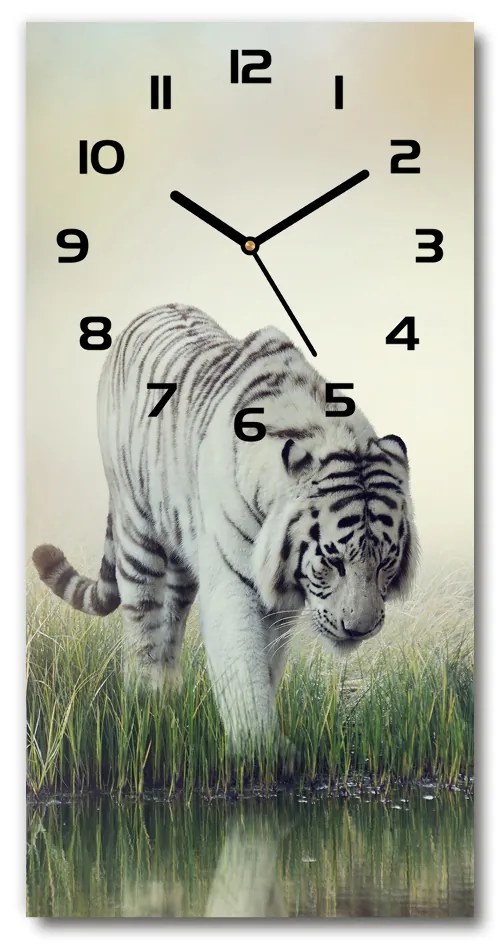 Wallmuralia Nástěnné skleněné hodiny Bílý tygr 30x60 cm