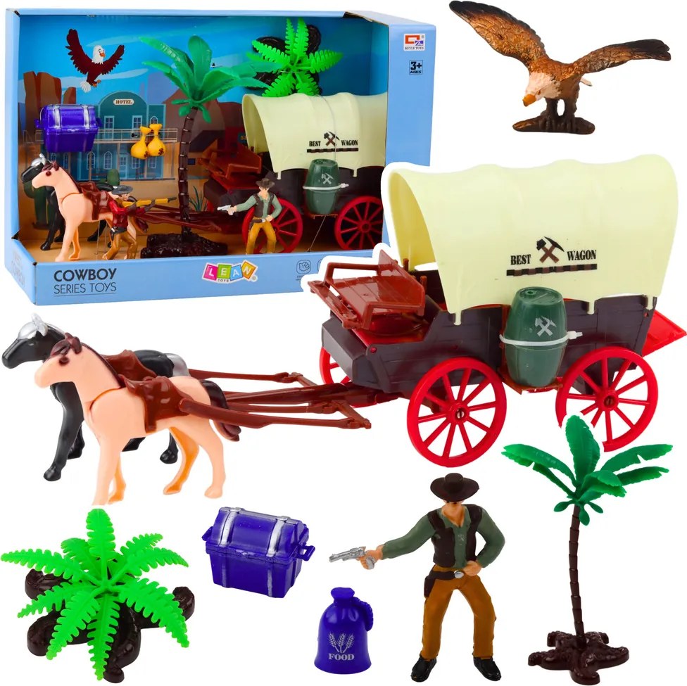 LEAN Toys Sada kovbojských figurek westernový kočár koně palmy