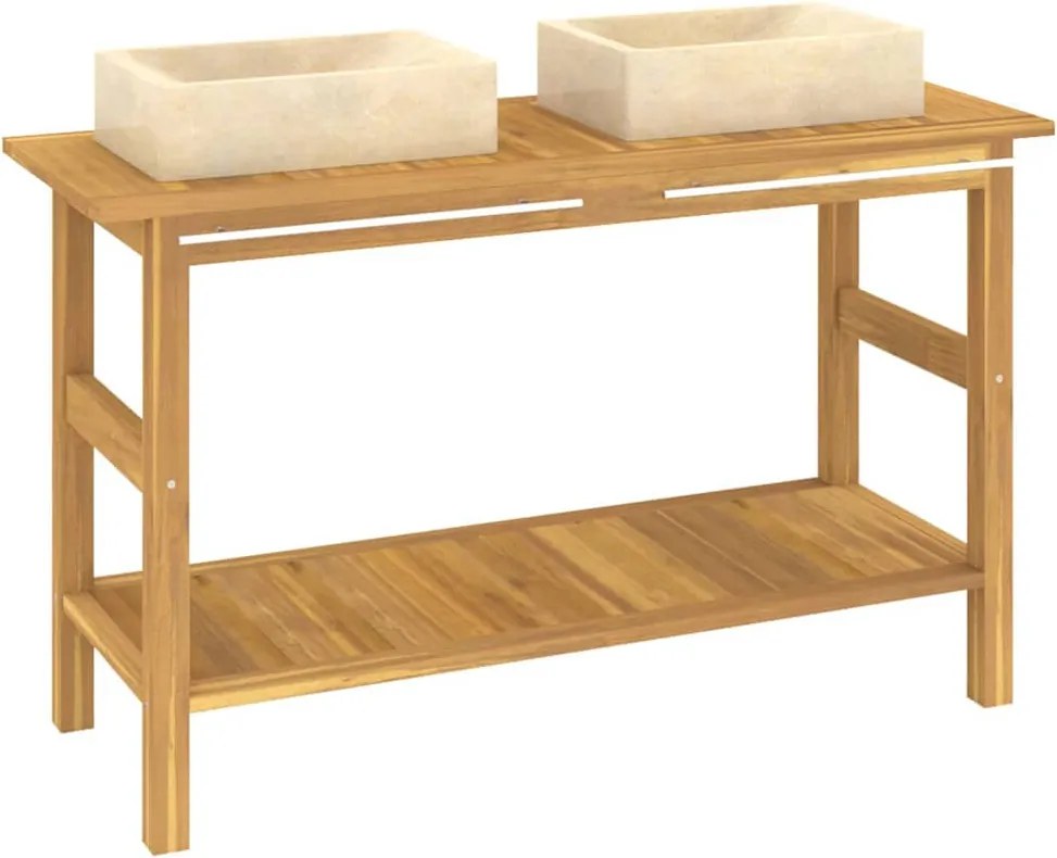 Koupelnová skříňka s umyvadly z krémového mramoru masivní teak 3096578