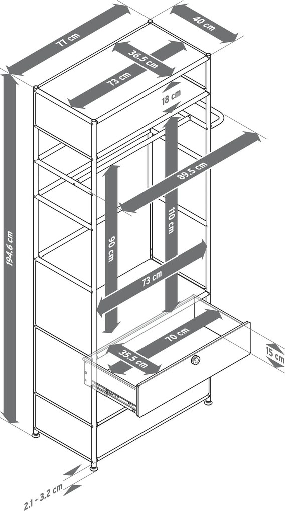 Tchibo - Kovová šatní skříň »Cn3« s šatní tyčí a 3 zásuvkami - barva: bílá