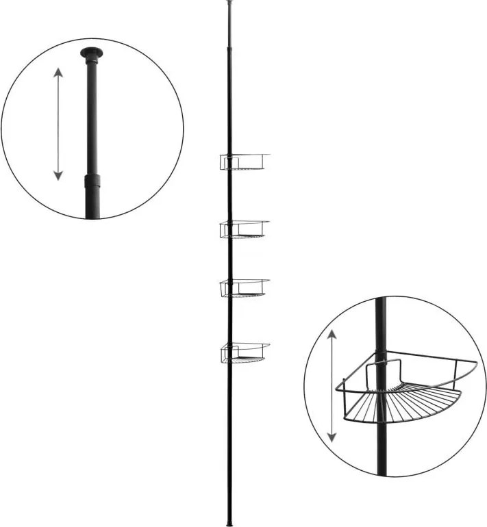 Erga Scopic, rohová teleskopická sprchová tyč 4 policová XL, černá matná, ERG-YKA-CH.SCOPIC-XL-BLK