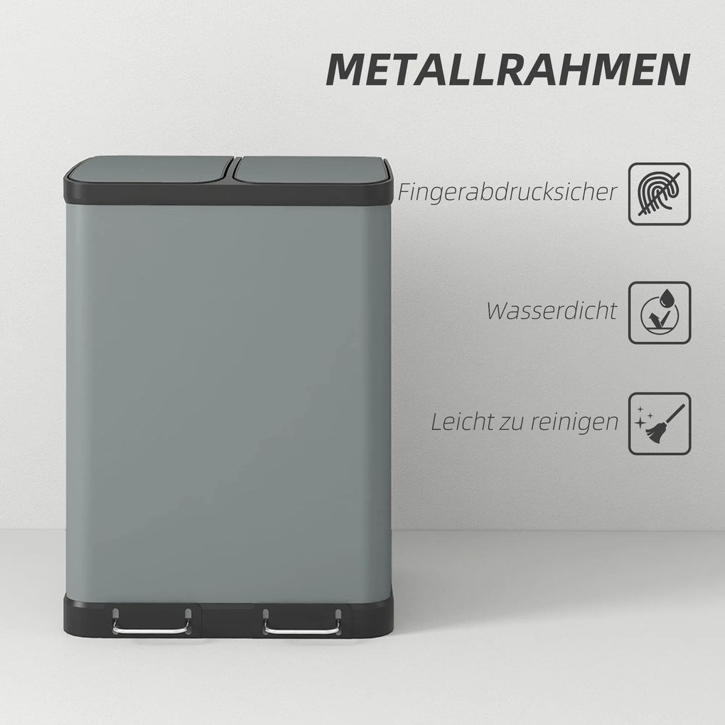HOMCOM odpadkový koš 2x30L pedálový koš na kosmetiku s víkem a nožním pedálem, kovový odpadkový koš s vnitřním košem do obývacího pokoje a kanceláře,…