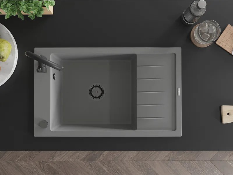 Mexen Elias, granitový dřez granitový 795x480x200 mm, 1-komorový, šedá s černým sifonem, 6511791005-71-B