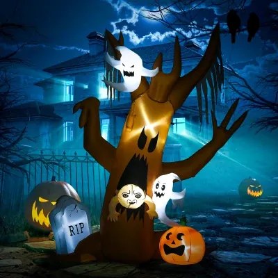 HOMCOM Halloween dekorace, 2,40 m vysoký strašidelný strom, samonafukovací, LED osvětlení, pro venkovní použití