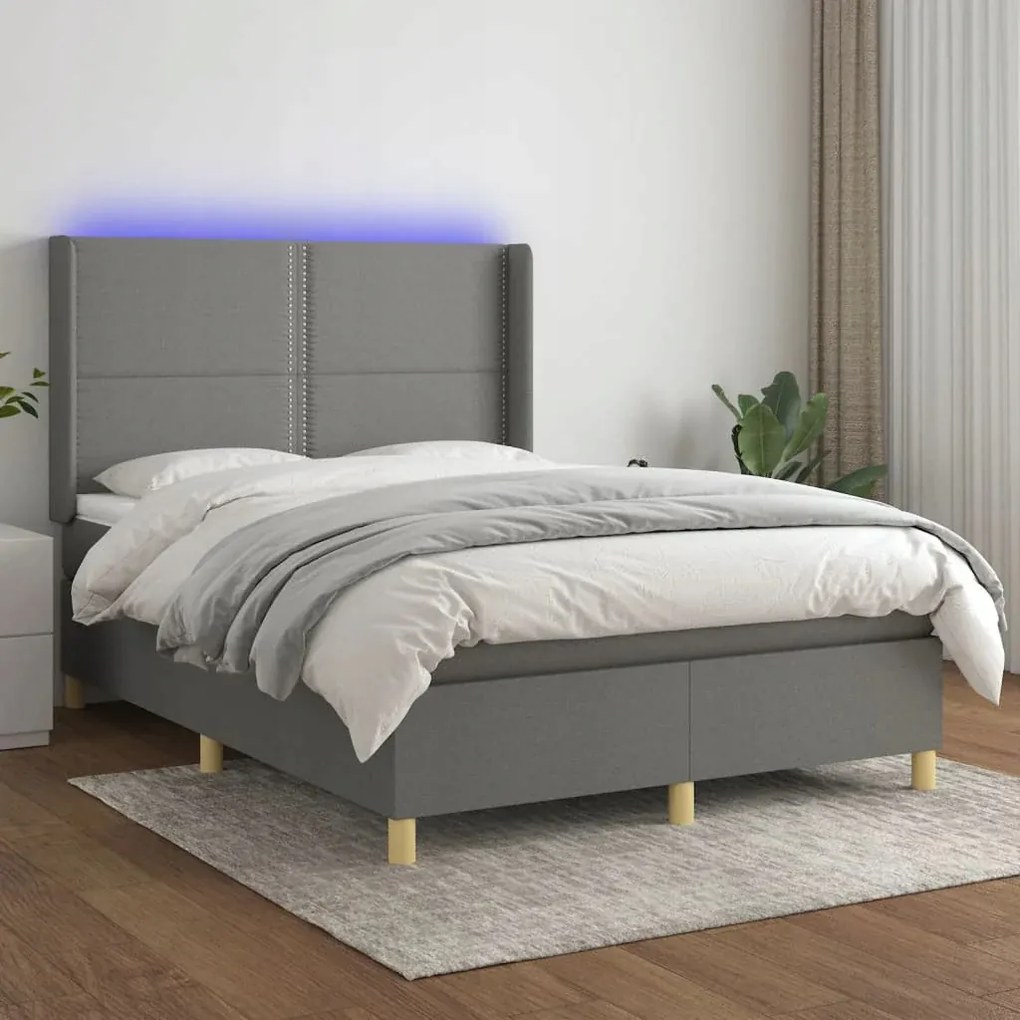 Box Spring Postel S Matrací A Led Textil Tmavě Šedá Hladké s hřebíky 140