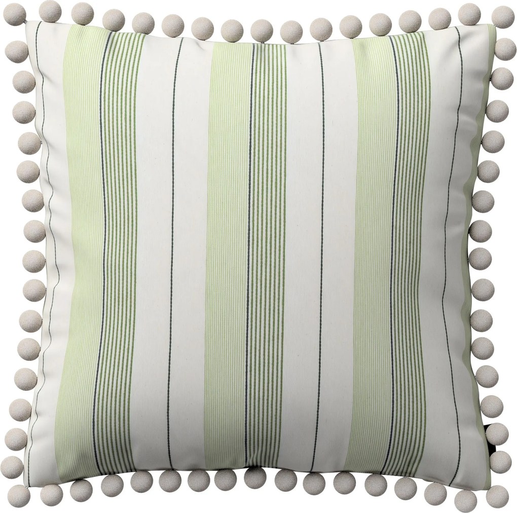 Věra - potah na polštář ozdobné bambulky po obvodu barva zelená látka pletený vzor, vzorované