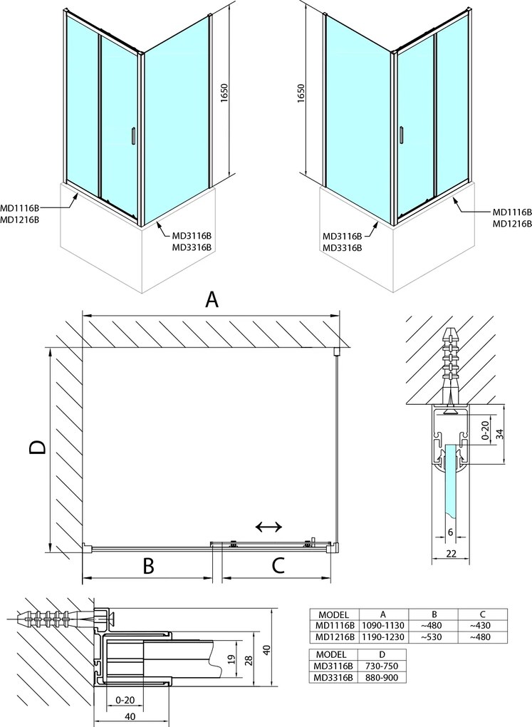 Polysan Deep Black sprchový kout obdélníkový 120 x 90 x 165 cm posuvné černá čiré sklo MD1216B-02