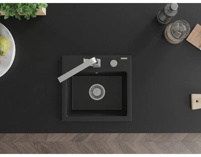 Mexen Milo, 1-komorový granitový dřez 435x410x171 mm a chromová baterie Rita, černá, 6505-77-670300-00