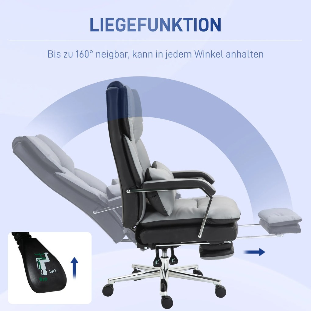 Kancelářská židle HOMCOM s houpací funkcí, nosnost 180 kg, ergonomická, 160° sklopný opěrák, koženka, 63Š x 71D x 123-129V cm, světle šedá| Aosom