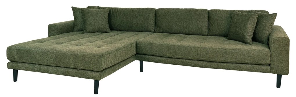 House Nordic Pohovka Lounge Sofa, levá strana, v olivově zelené barvě, se čtyřmi polštáři a nohami z černého dřeva, HN1020