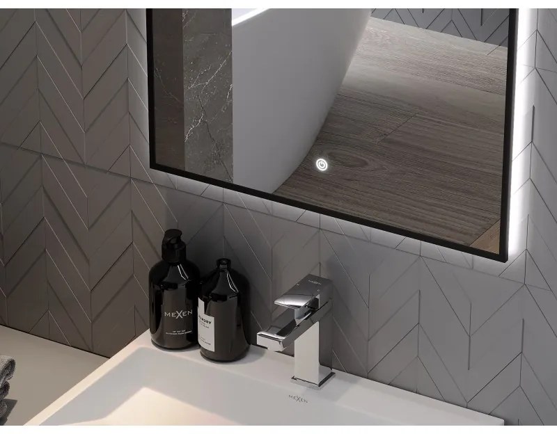 Mexen Erma podsvícené koupelnové zrcadlo 100 x 80 cm, LED 6000K, ventilátor, Černá rama - 9814-100-080-611-70