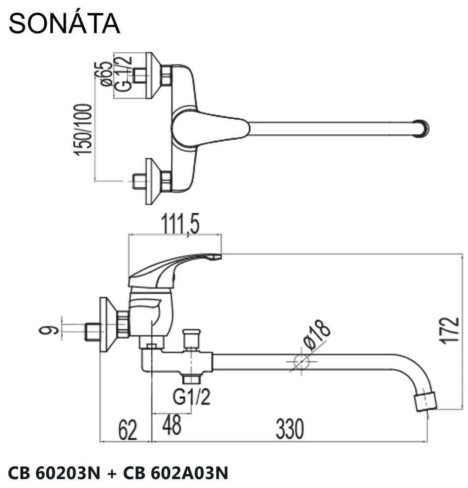 Mereo Sonáta nástěnná baterie do byt. jádra 100 mm s trubkovým ramínkem 330 mm bez příslušentví mosaz chrom CB602A03N