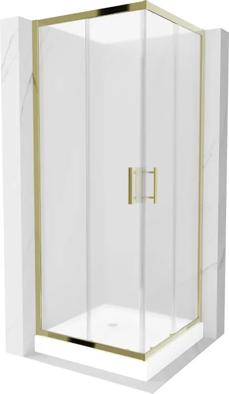 Mexen Rio, čtvercový sprchový kout s posuvnými dveřmi 80 (dveře) x 80 (dveře) x 190 cm, 5mm sklo námraza, zlatý profil + bílá sprchová vanička RIO, 860-080-080-50-30-4510