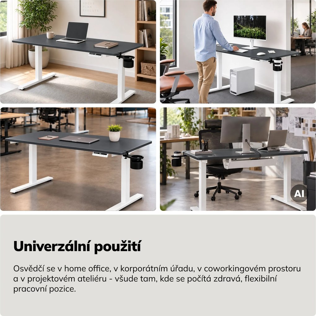 Elektrický stůl s nastavitelnou výškou ergonomický bílo-antracitový,1400x700 mm: ARIA