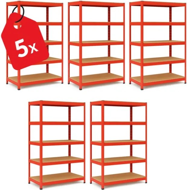Akce 5x Regál 180x90x40 cm lakovaný 5-policový, nosnost 875 kg - červený