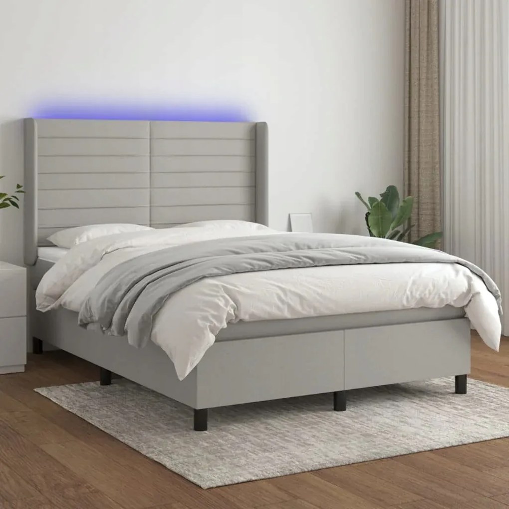 Box Spring Postel S Matrací A Led Textil Světle Šedá vodorovné pruhy 140