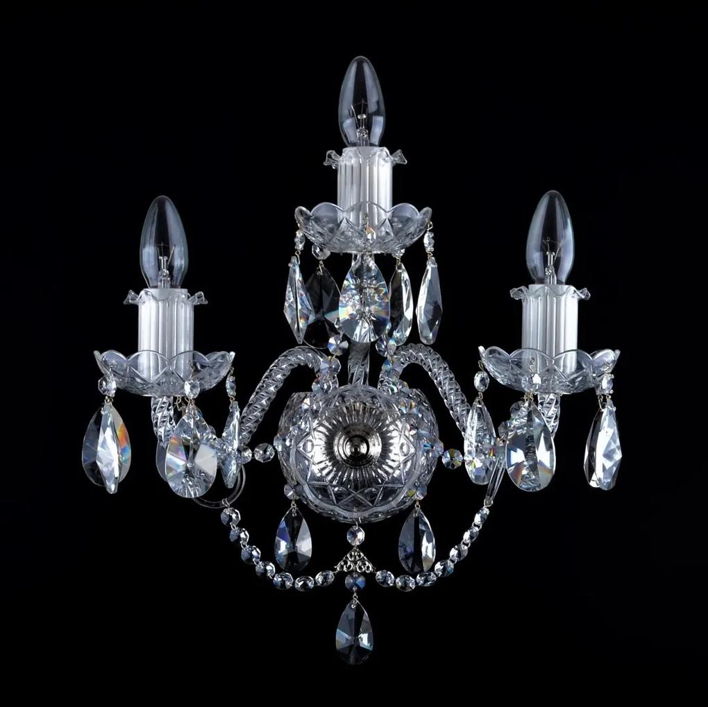 3 ramenné stříbrné křišťálové nástěnné svítidlo s kroucenými skleněnými rameny a křišťálovými mandlemi