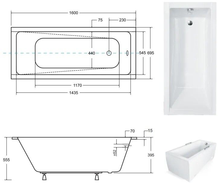 NIKIDO Akrylátová vana MODERN SLIM 140x70, 150x70, 160x70, 170x70, 180x80 Velikost: 150x70