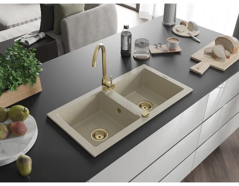Mexen Mario, 2-komorový granitový dřez 820x436x161 mm a zlatá lesklá dřezová baterie Telma, béžová, 6504-69-670200-50