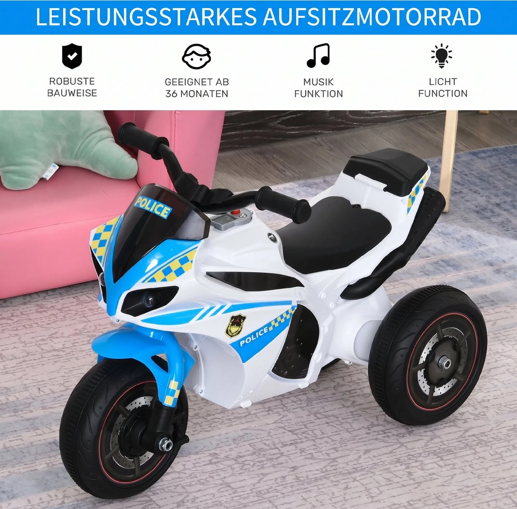 HOMCOM Dětská závodní motorka s hudebními a světelnými efekty a úložným prostorem Modrá Bílá