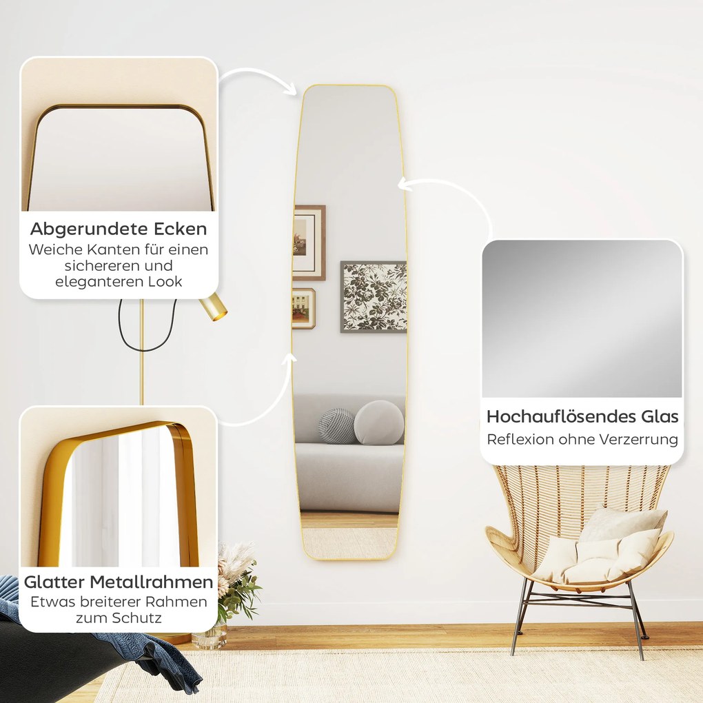 HOMCOM nástěnné celozrcadlo 160 × 40 cm s kovovým rámem — dekorativní celozrcadlo do předsíně, ložnice a obývacího pokoje, zlaté