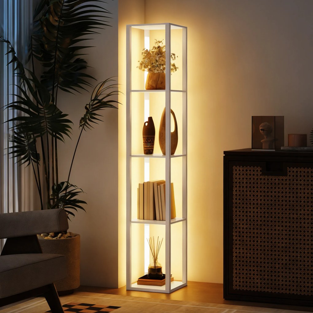 HOMCOM LED stojací lampa s policemi, moderní stmívatelná stojací lampa se 3 úrovněmi jasu a nožním spínačem, bílá
