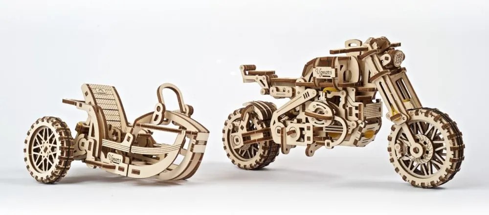 Ugears 3D dřevěné mechanické puzzle UGR-10 Motorka (scrambler) s vozíkem