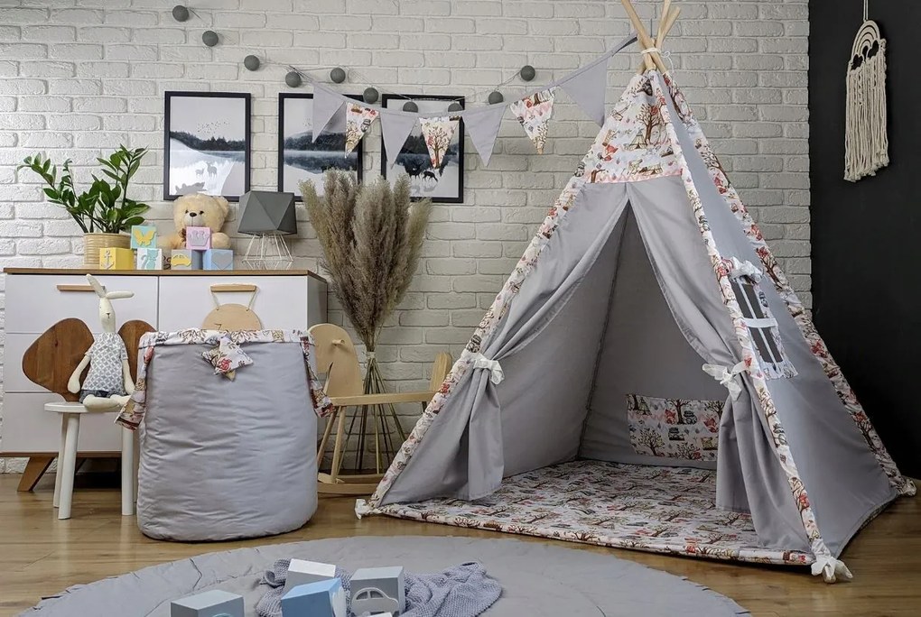 Dětský stan TEEPEE (TÝPÍ) ANIMALS s doplňky - LES - šedý
