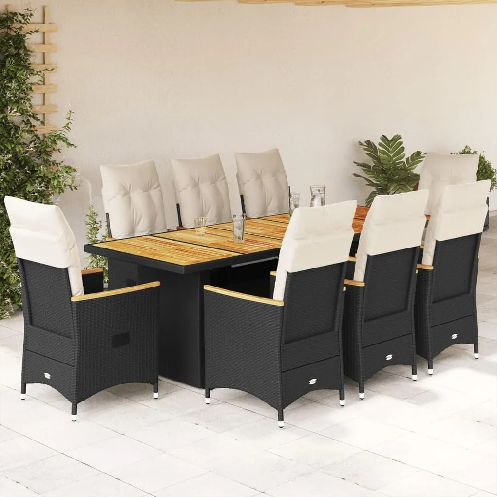 9dílný zahradní bistro set s poduškami černý polyratan 3277267