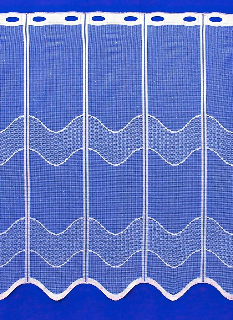 Českomoravská textilní žakárová vitrážová záclona V703, vlnky, s bordurou, bílá, výška 50cm (v metráži)
