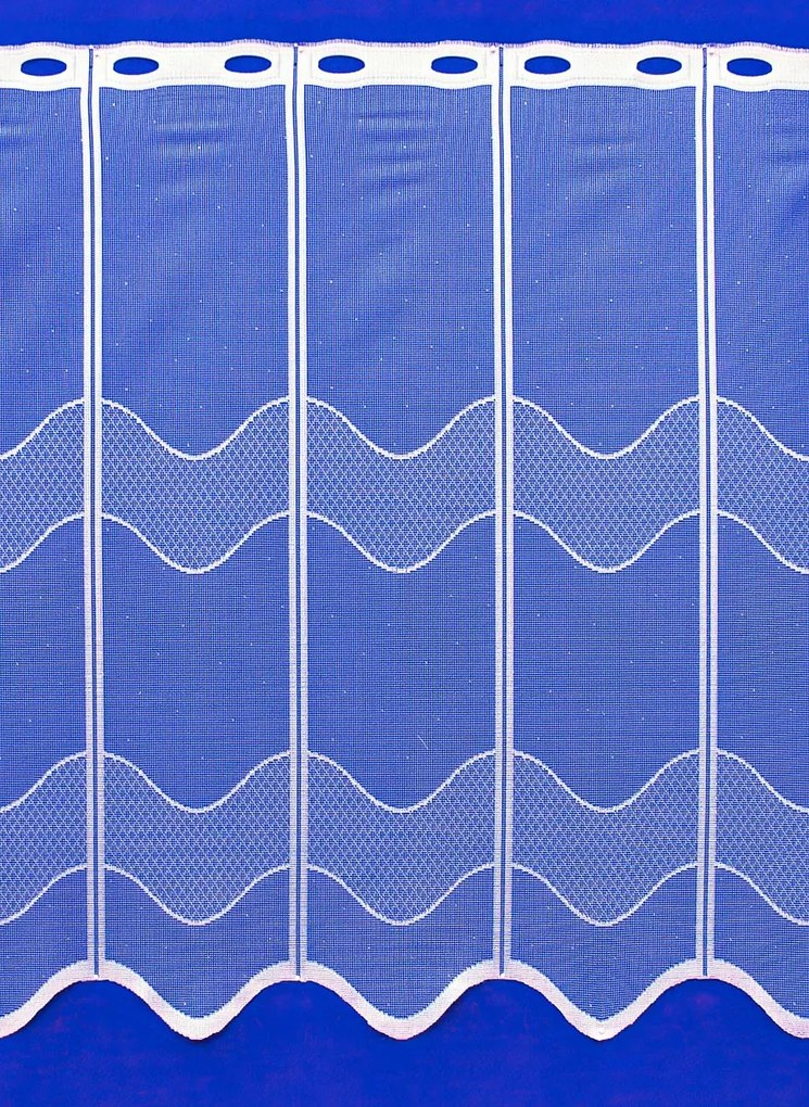 Českomoravská textilní žakárová vitrážová záclona V703, vlnky, s bordurou, bílá, výška 60cm (v metráži)