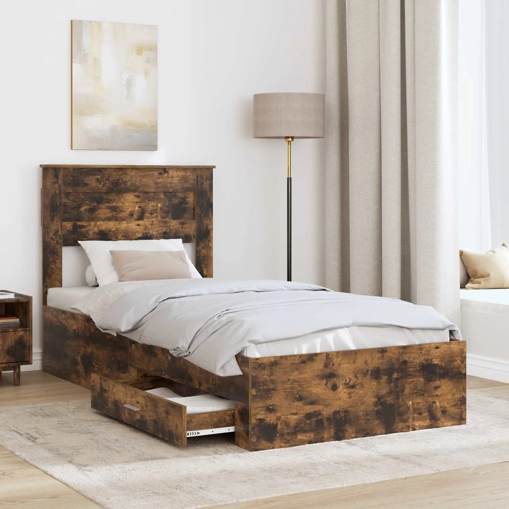 Rám postele s čelo Kouřový dub 100 x 200 cm Kompozitní dřevo 3410023